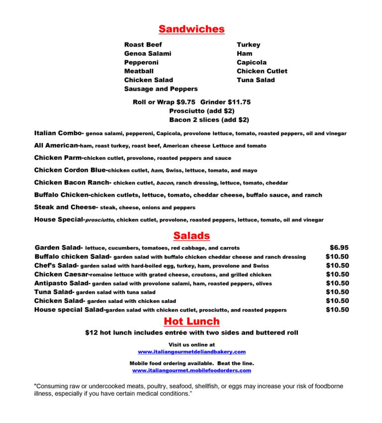 Our Menus - Italian Gourmet Deli and Catering